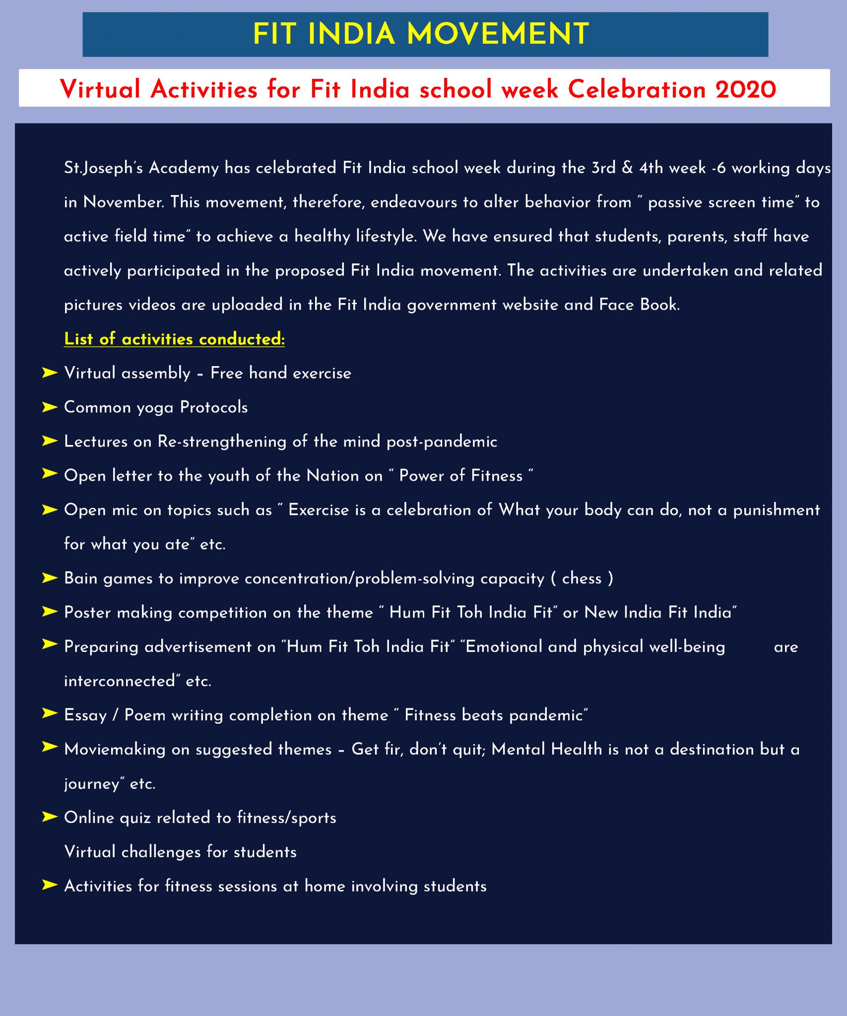 FIT INDIA MOVEMENT – St. Joseph's Academy (CBSE) – Hosur